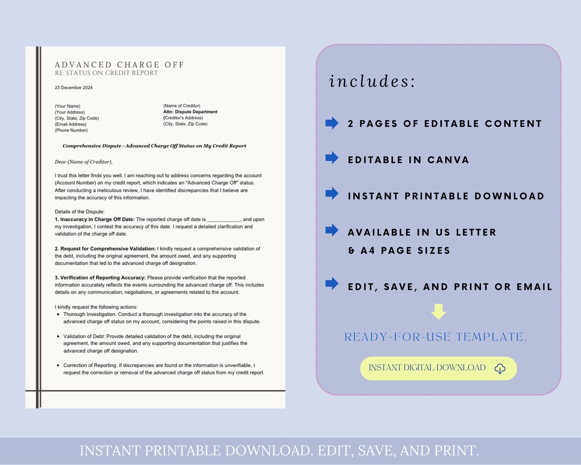 Advanced Charge off Status on Credit Report Letter Template, Fix My ...