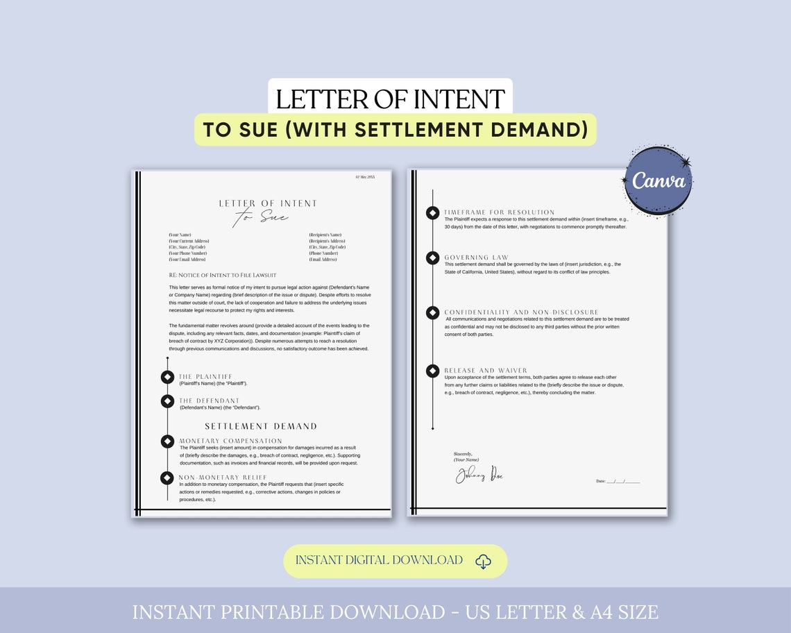 Letter of Intent to Sue With Settlement Demand Template, Legal Notice ...