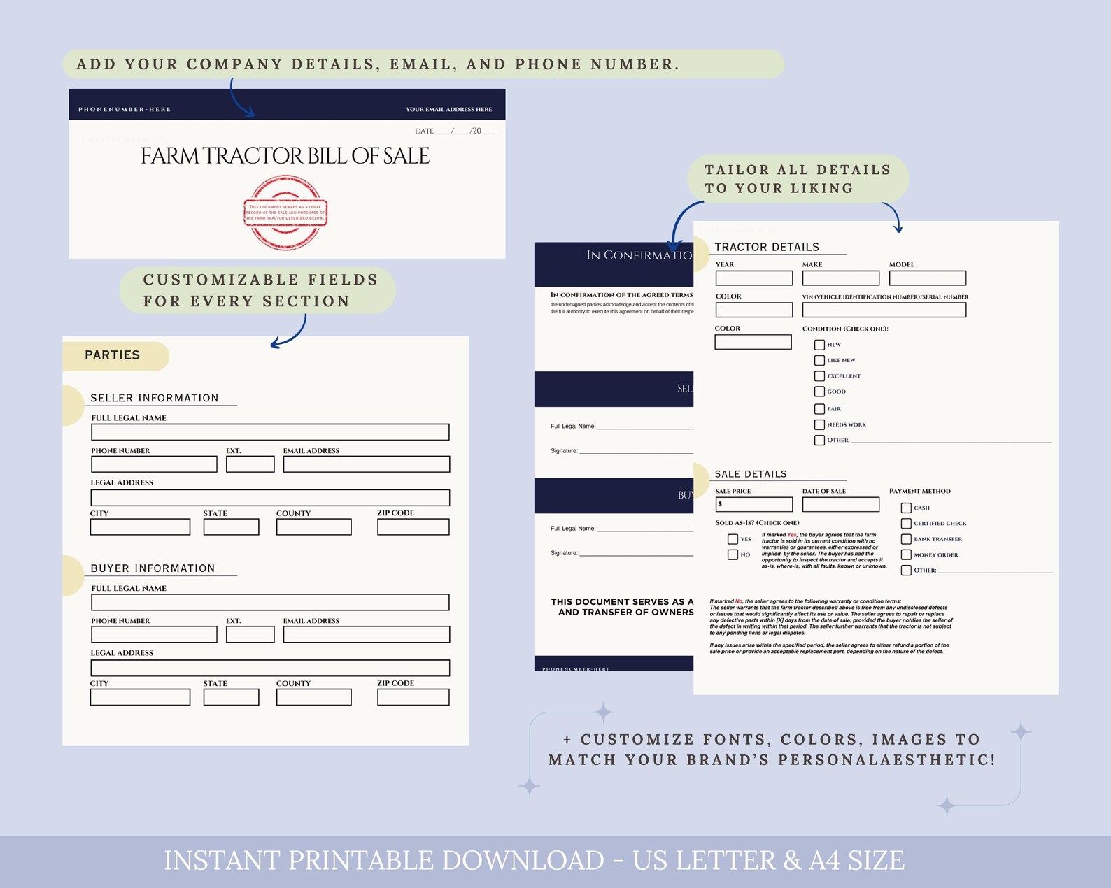Editable Farm Tractor Bill of Sale Template, Editable Bill of Sale ...
