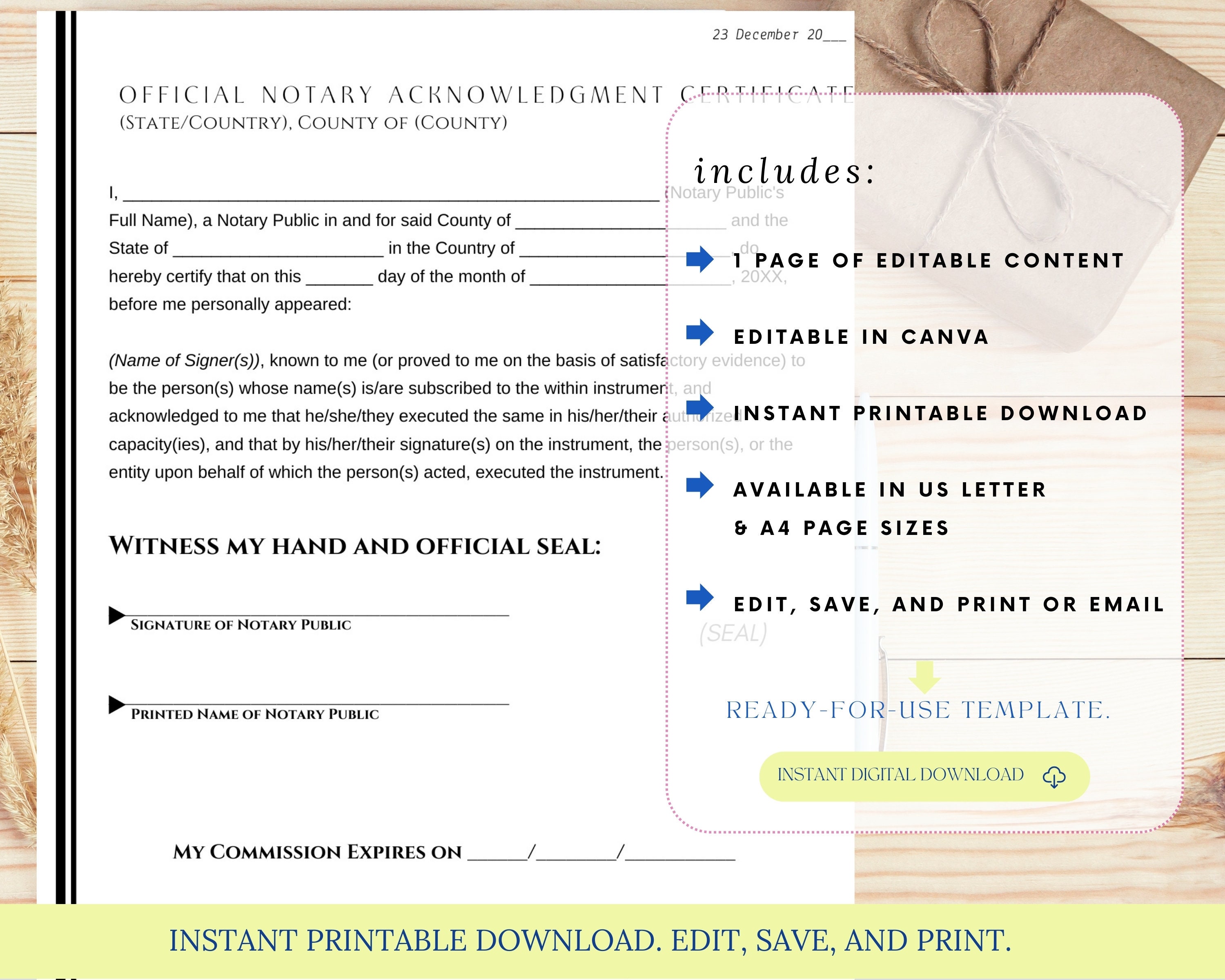 Acknowledgment Notary Certificate Template, Notarial Certificate ...