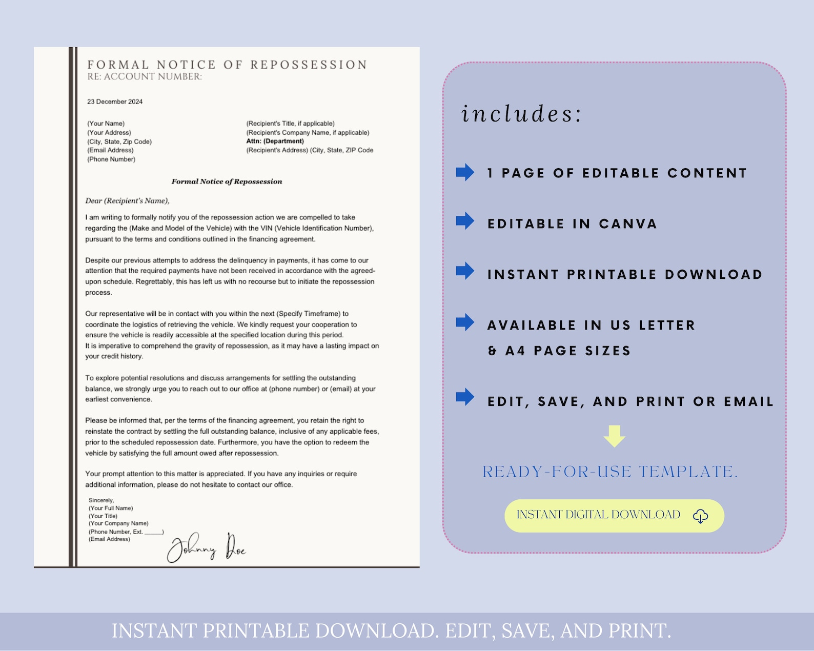 Notice of Repossession, Car Repossession, Notice of Repossession Letter ...