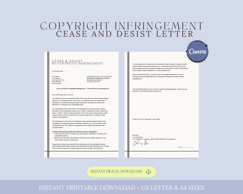 Cease and Desist Letter for Copyright Infringement Letter Template ...