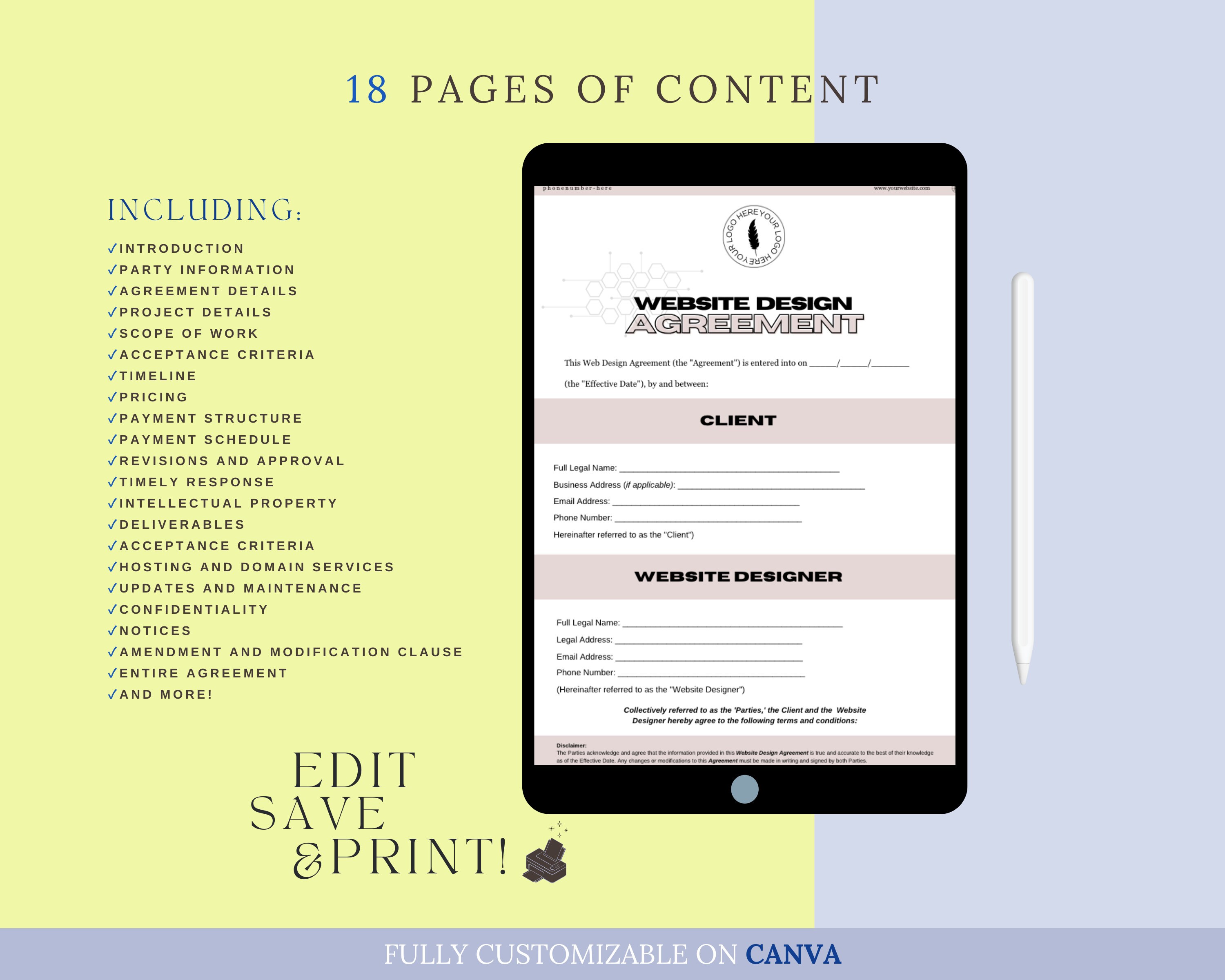 Editable Web Design Contract Template, Freelance Website Designer ...