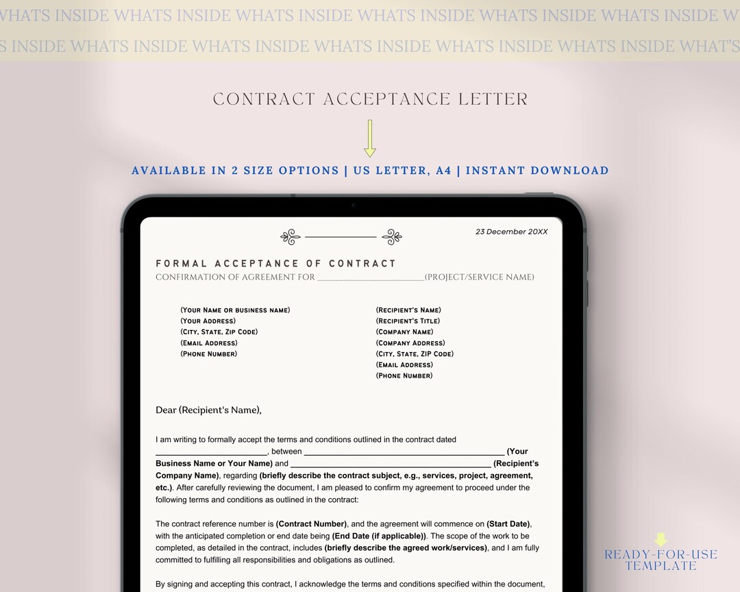 Contract Acceptance Letter Template, Editable Contract Agreement ...
