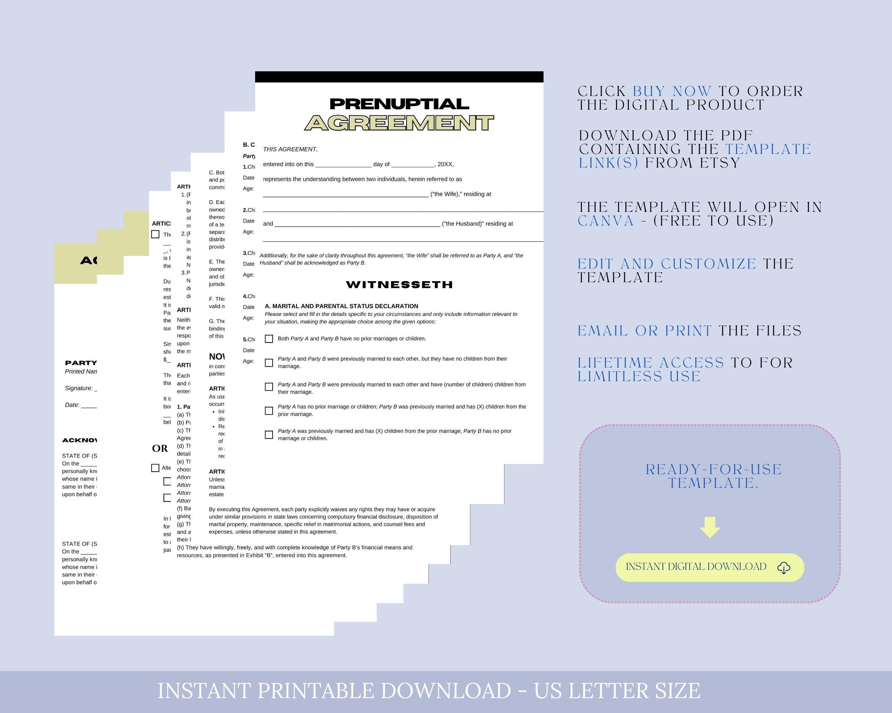 Prenuptial Agreement Template, Antenuptial Agreement, Editable Prenup ...