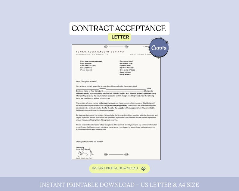 Contract Acceptance Letter Template, Editable Contract Agreement ...