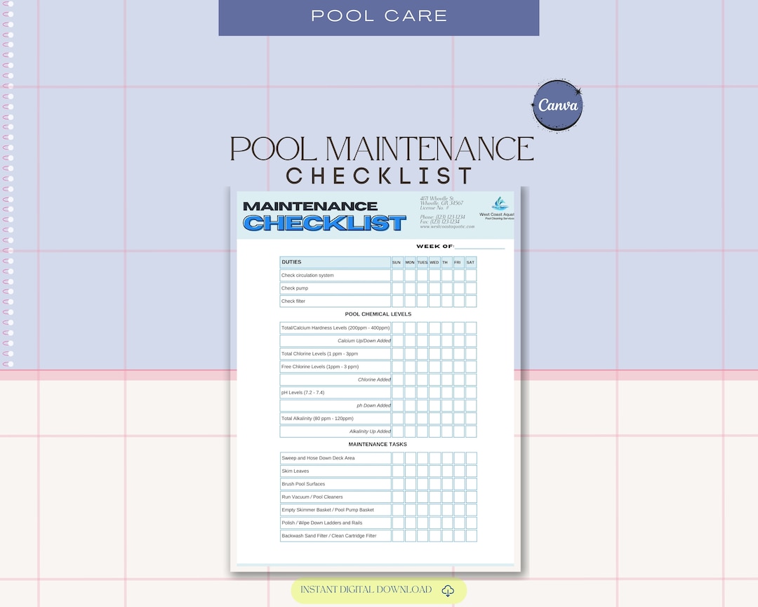 Pool Maintenance Checklist, Pool Maintenance Log, Pool Maintenance ...