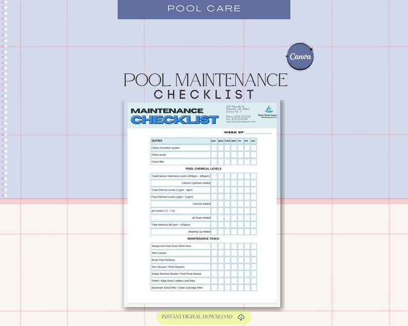 Pool Maintenance Checklist, Pool Maintenance Log, Pool Maintenance ...