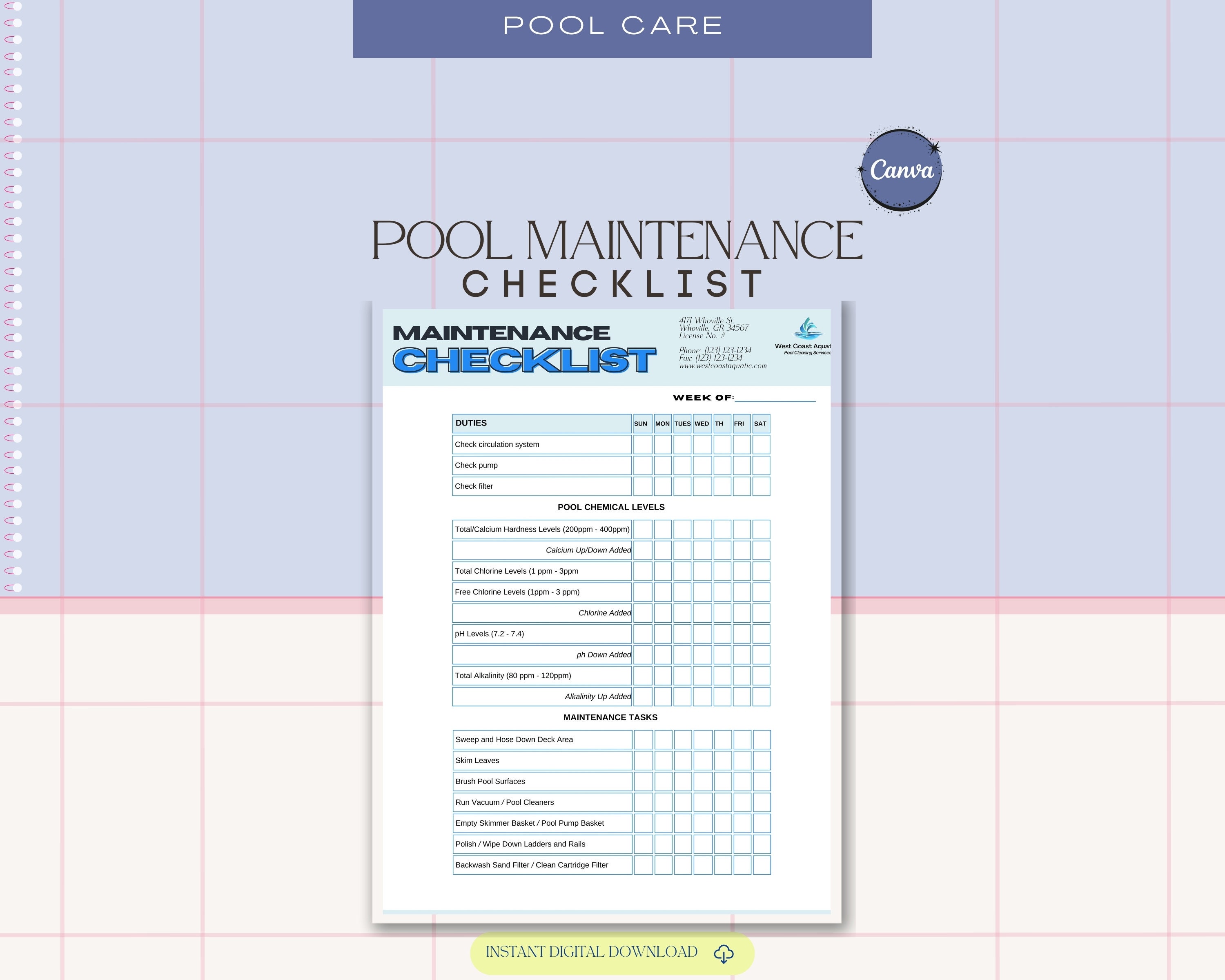 Pool Maintenance Checklist, Pool Maintenance Log, Pool Maintenance ...