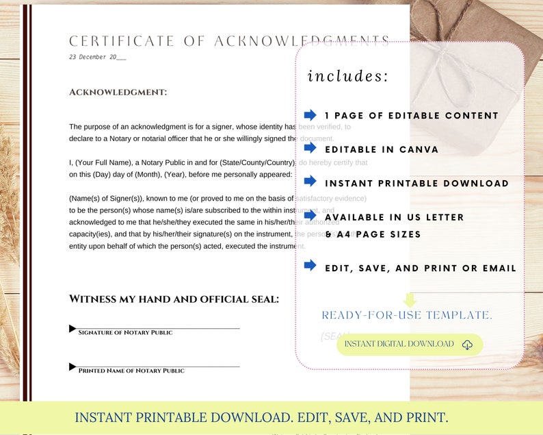 Notary Certificate of Acknowledgments, Notarial Certificate, Notary ...