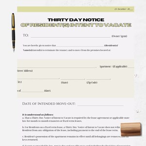30 Day Notice of Resident's Intent to Vacate, Lease Termination Form ...