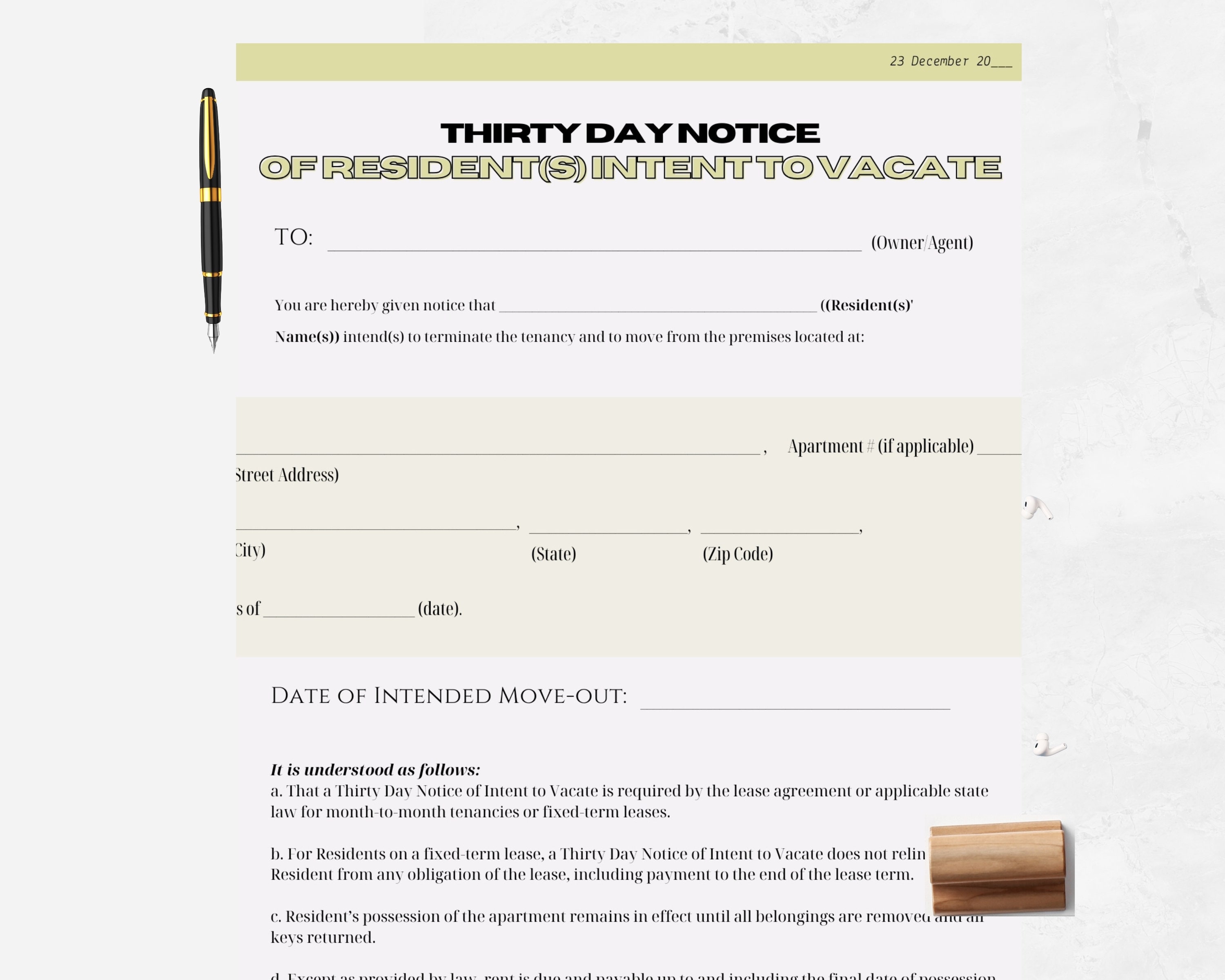 30 Day Notice of Resident's Intent to Vacate, Lease Termination Form ...
