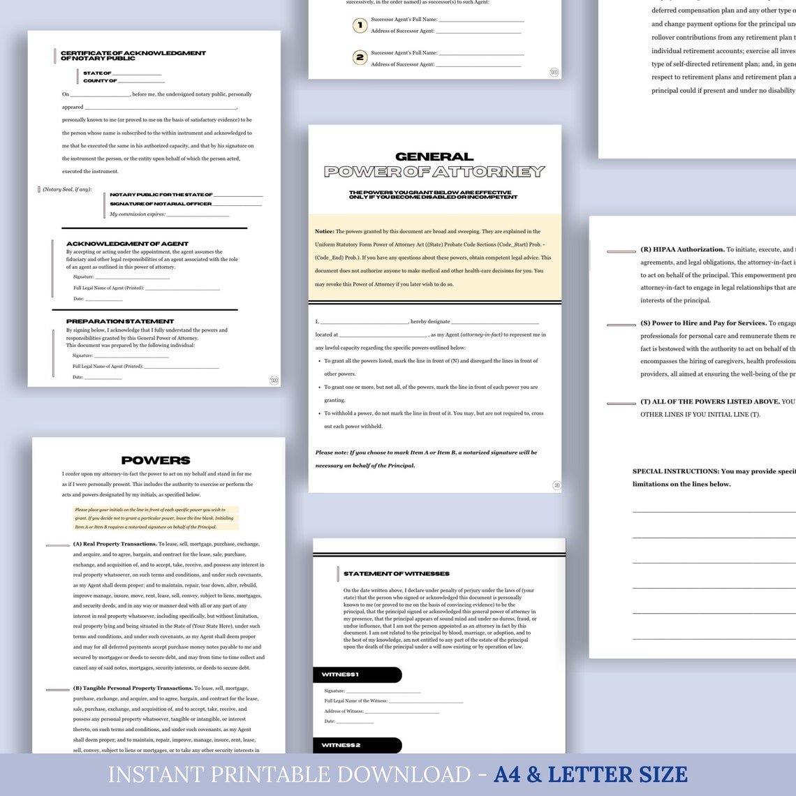 General Power of Attorney Template, General POW, Unlimited POA, Full ...