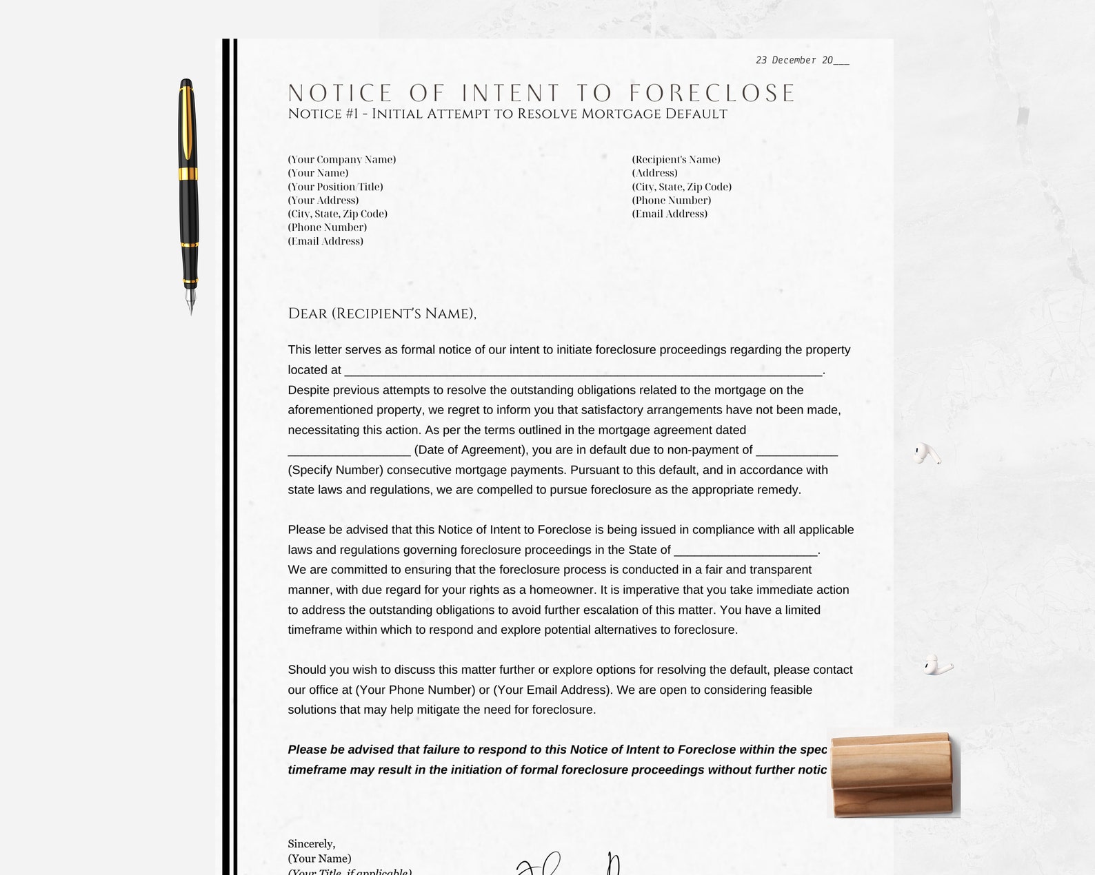 Notice of Intent to Foreclose Letter, Mortgage Delinquency Letter ...