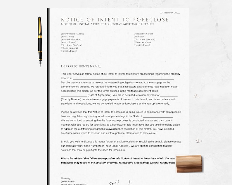 Notice of Intent to Foreclose Letter, Mortgage Delinquency Letter ...