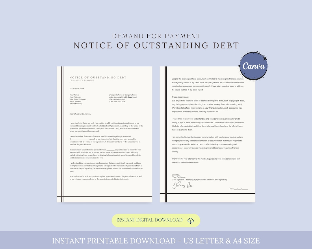 Demand for Payment Letter, Notice of Outstanding Debt, Payment Demand ...