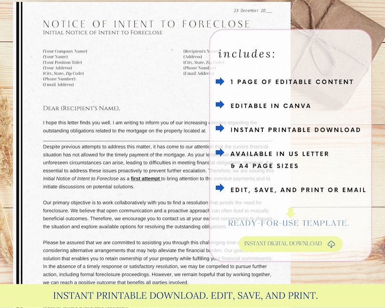 Initial Notice of Intent to Foreclose Template, Mortgage Delinquency ...