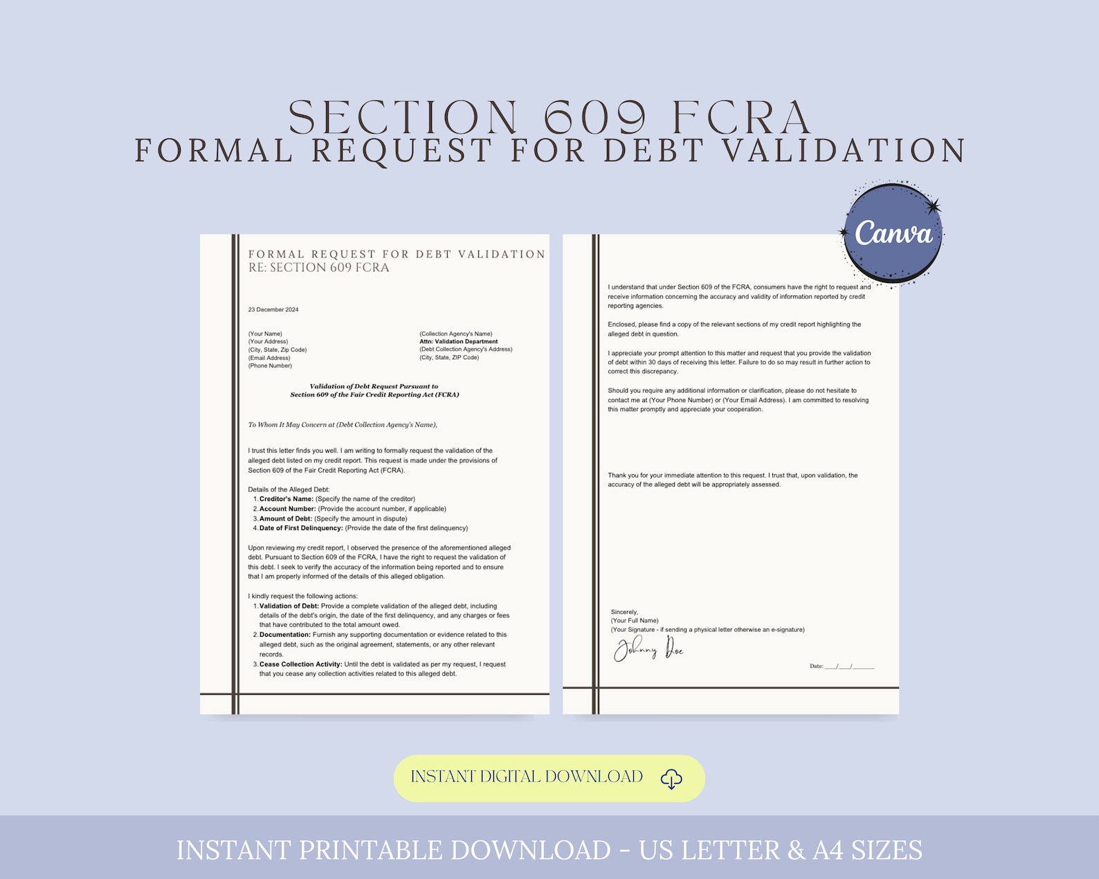 Formal Request for Debt Validation Section 609 FCRA Letter, 609 ...