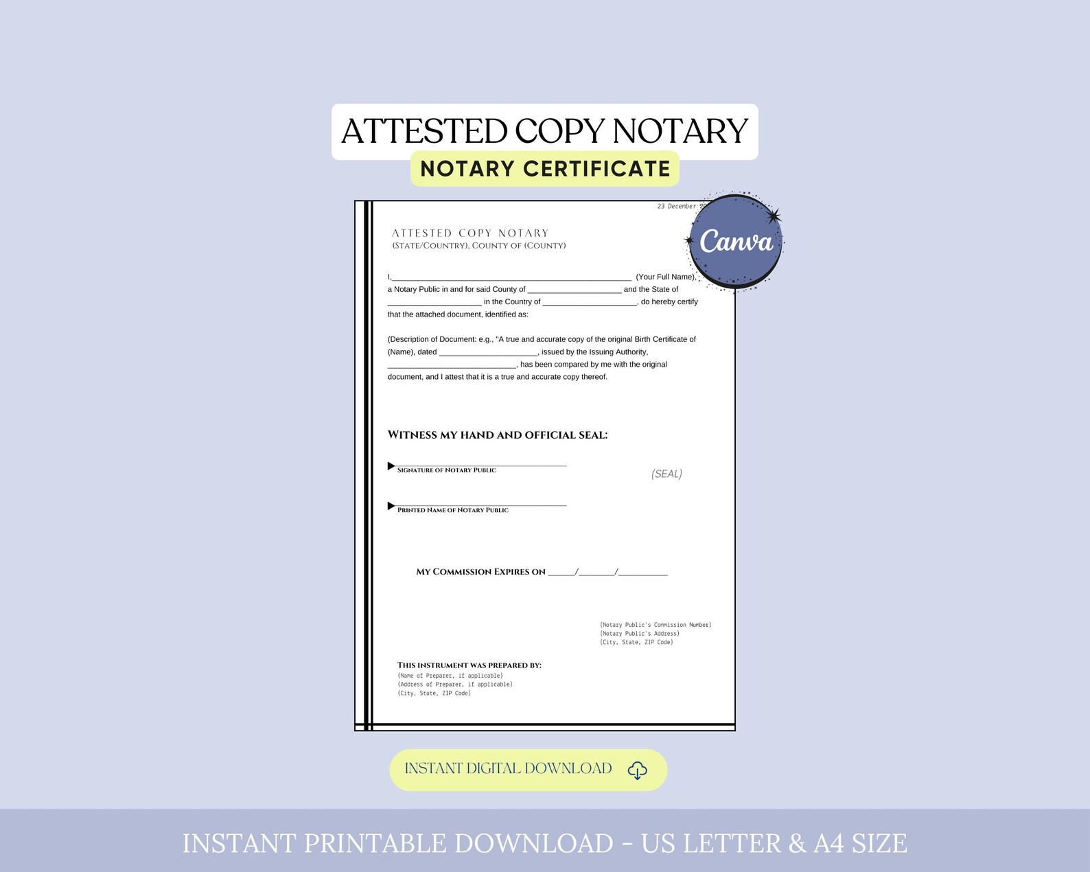 Attested Copy Notary Form Template, Notarial Certificate, Notary Public ...