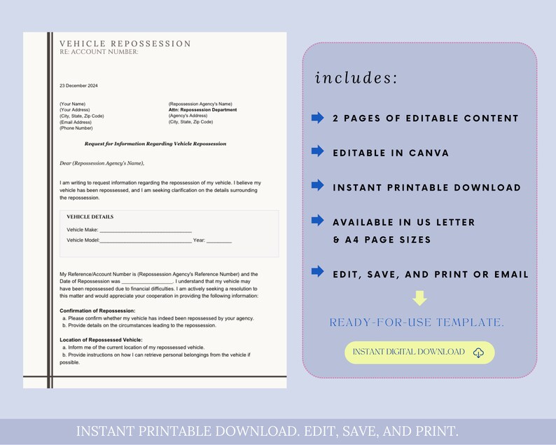 Vehicle Repossession Demand Letter, Vehicle Repossession Request Letter ...