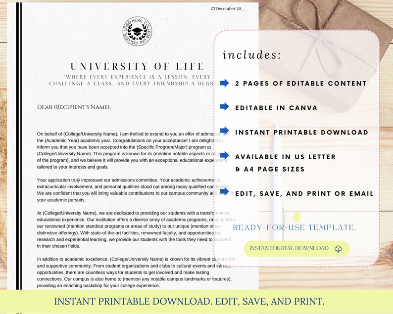College Acceptance Letter Template, Acceptance Letter, University ...
