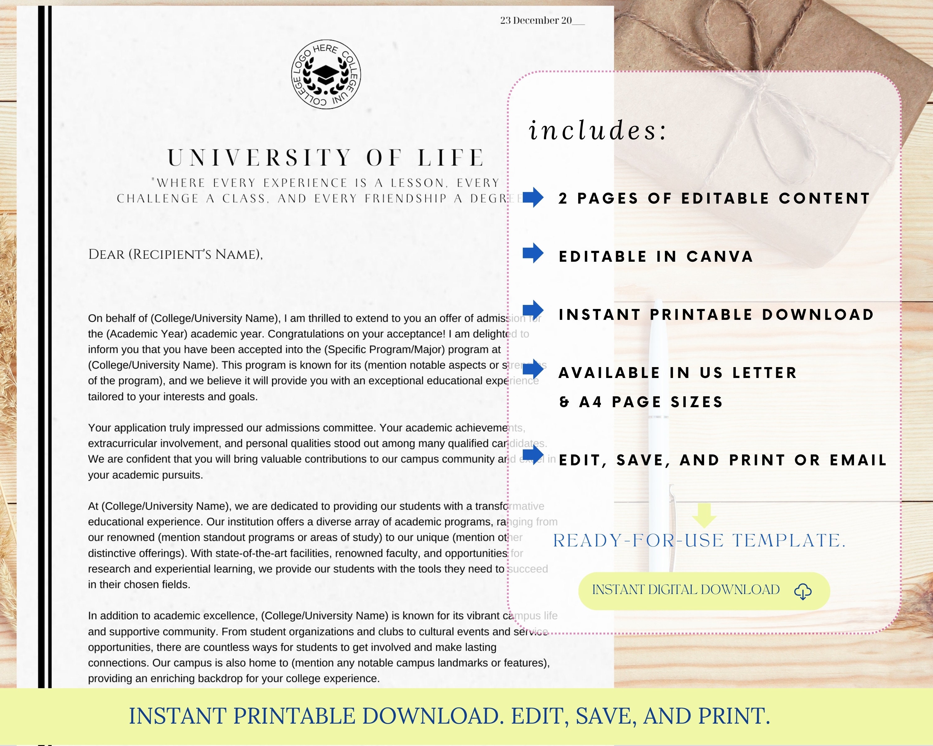 College Acceptance Letter Template, Acceptance Letter, University ...