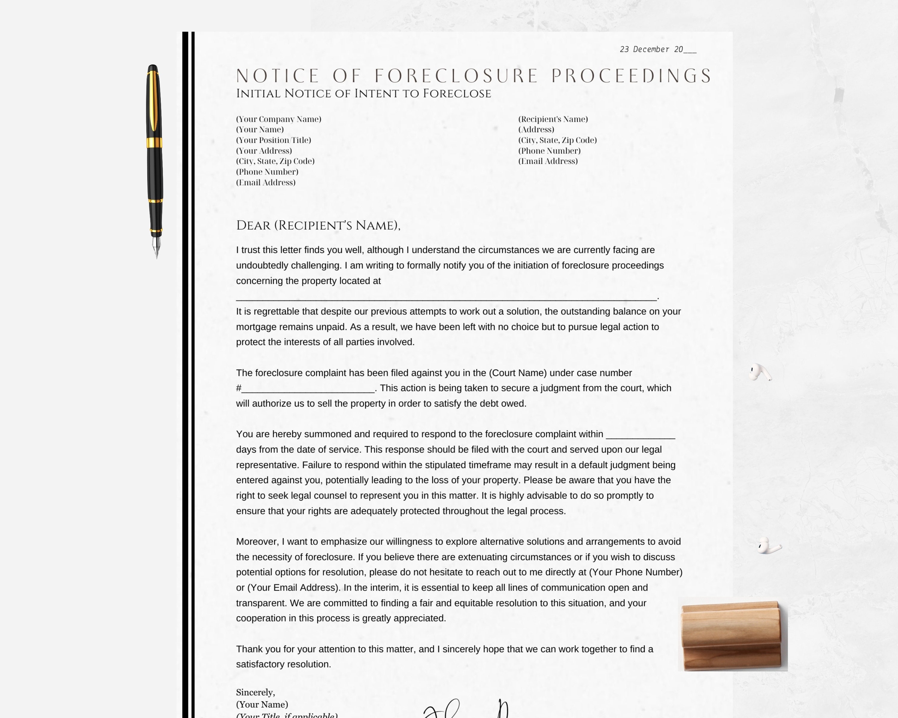 Foreclosure Proceedings Correspondence Kit, Notice of Intent to ...