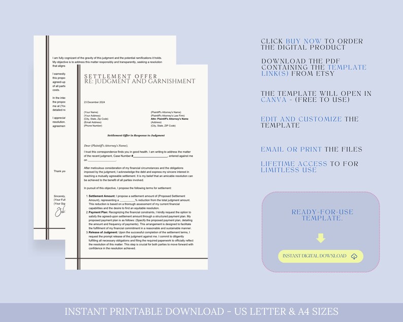 Settlement Offer Judgement and Garnishment Letter Template, Debt ...