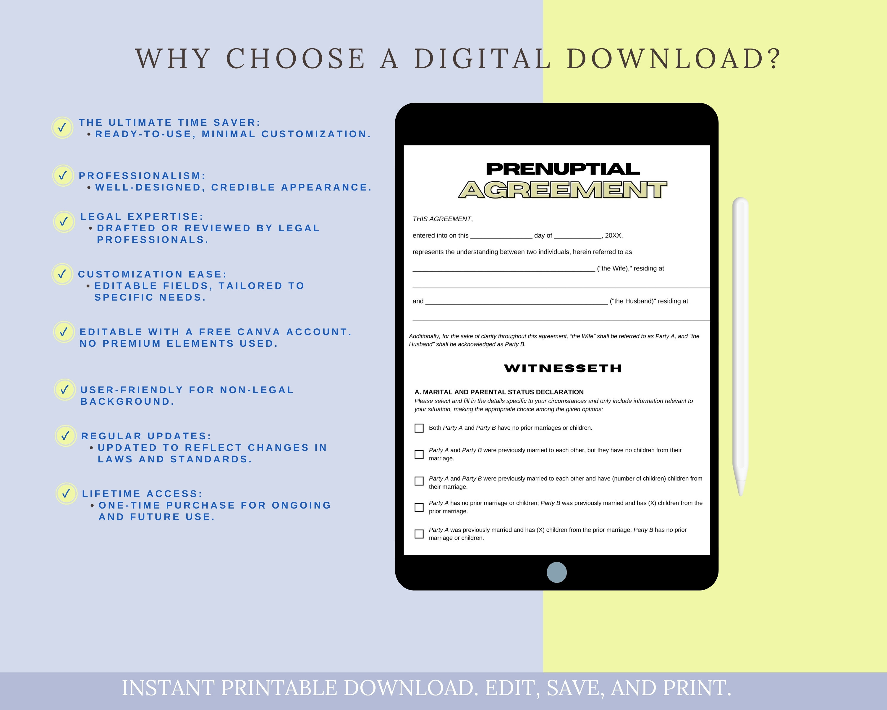 Prenuptial Agreement Template, Antenuptial Agreement, Editable Prenup Agreement, Premarital ...