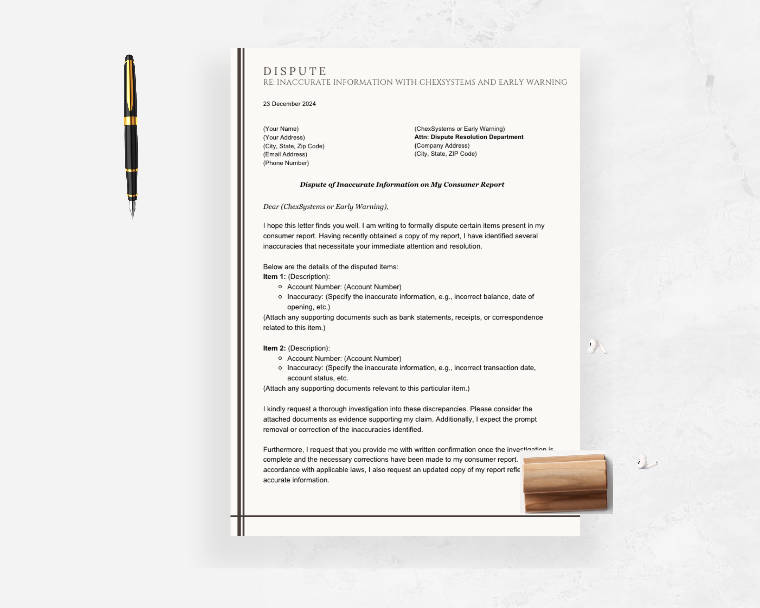 Dispute Letter for Inaccurate Information With Chexsystems and Early ...