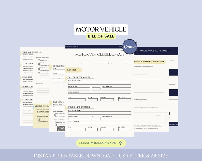 Editable Motor Vehicle Bill of Sale Template — Car, Truck, or ...