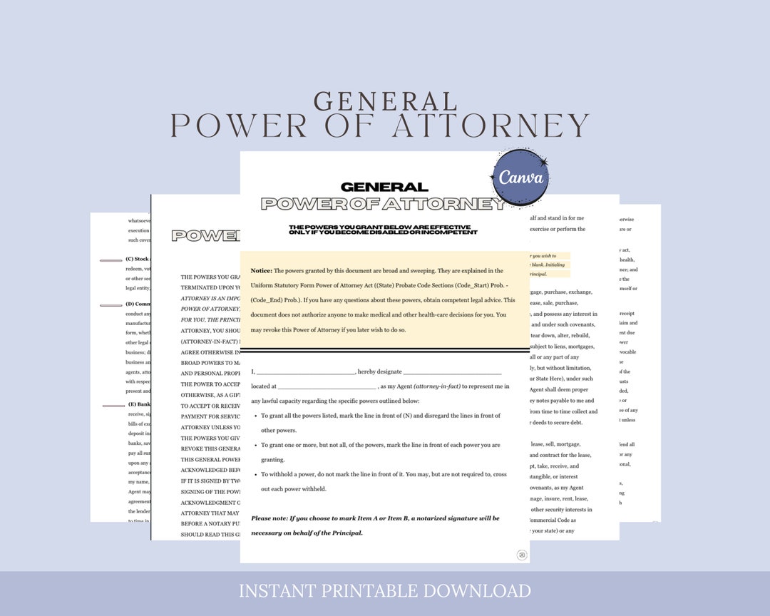 General Power of Attorney Template, General POW, Unlimited POA, Full ...