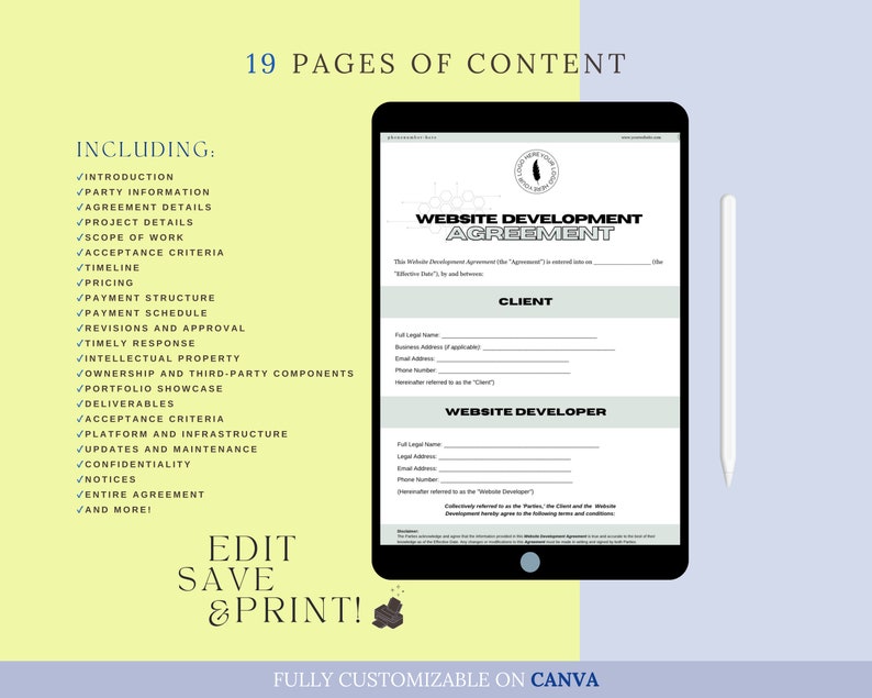 Editable Web Development Contract Template, Freelance Website Developer Agreement, Web Design ...