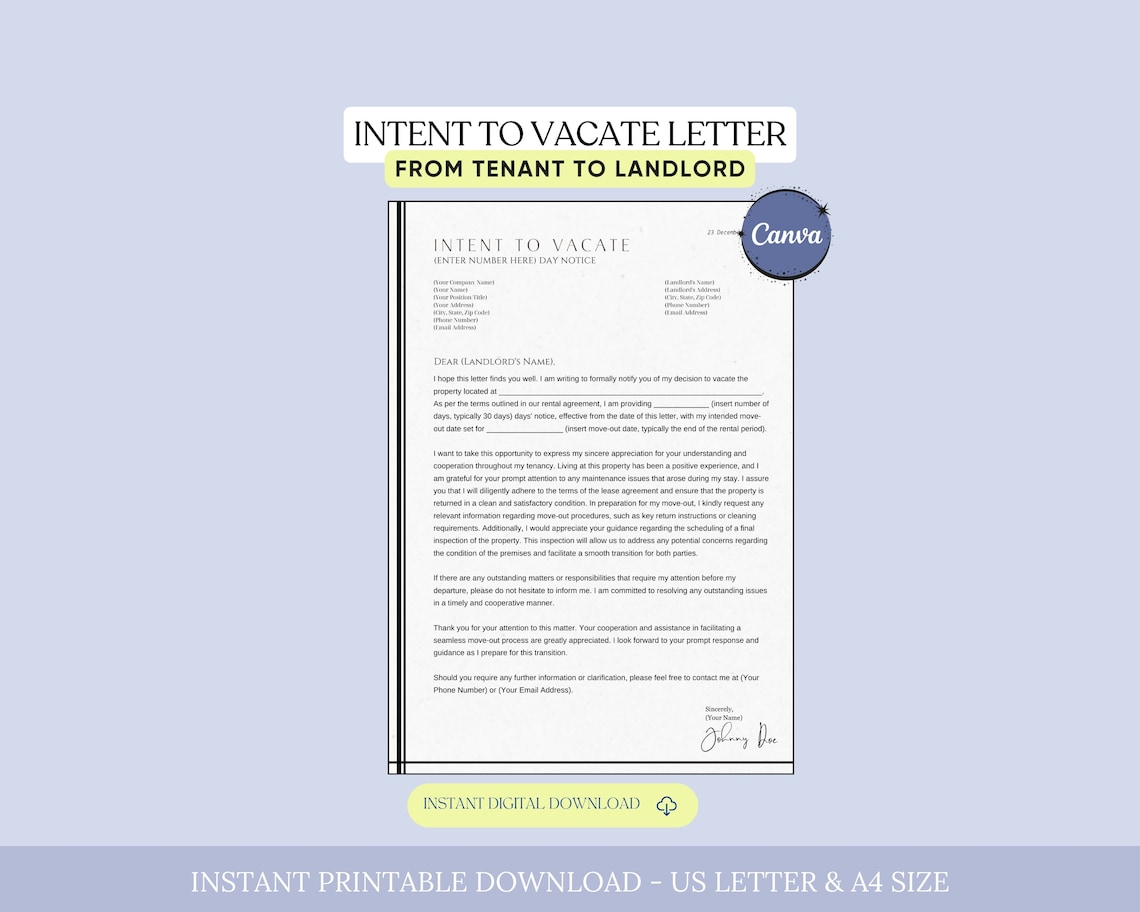 Tenant Notice of Intent to Vacate Letter,tenant Notice to Landlord ...