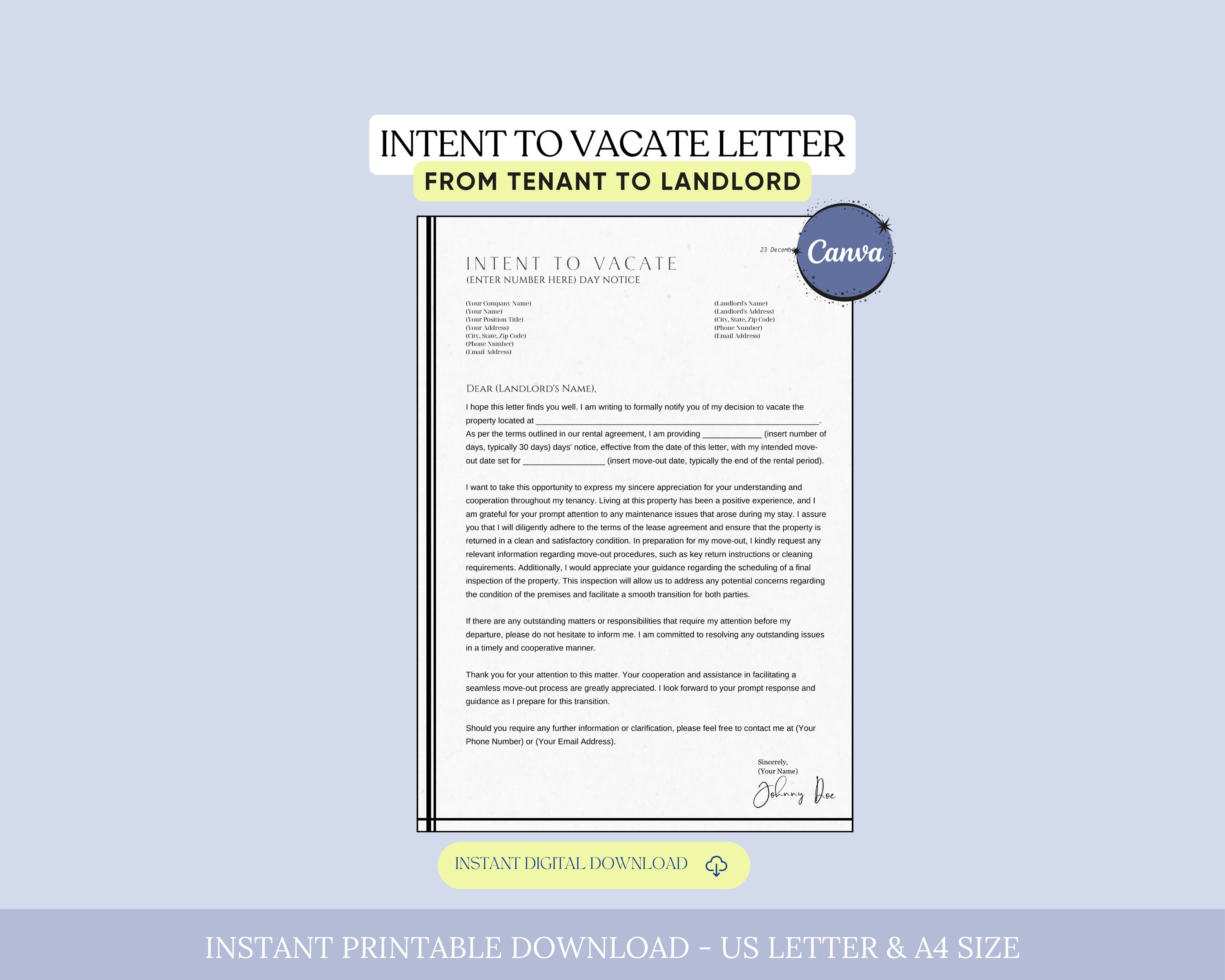 Tenant Notice of Intent to Vacate Letter,tenant Notice to Landlord ...