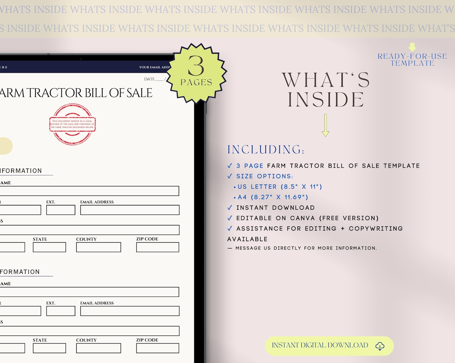 Editable Farm Tractor Bill of Sale Template, Editable Bill of Sale ...