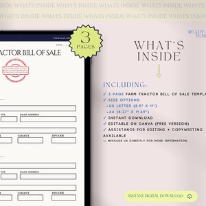 Editable Farm Tractor Bill of Sale Template, Editable Bill of Sale ...