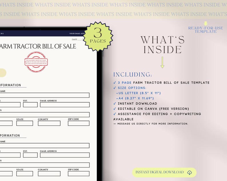 Editable Farm Tractor Bill of Sale Template, Editable Bill of Sale ...