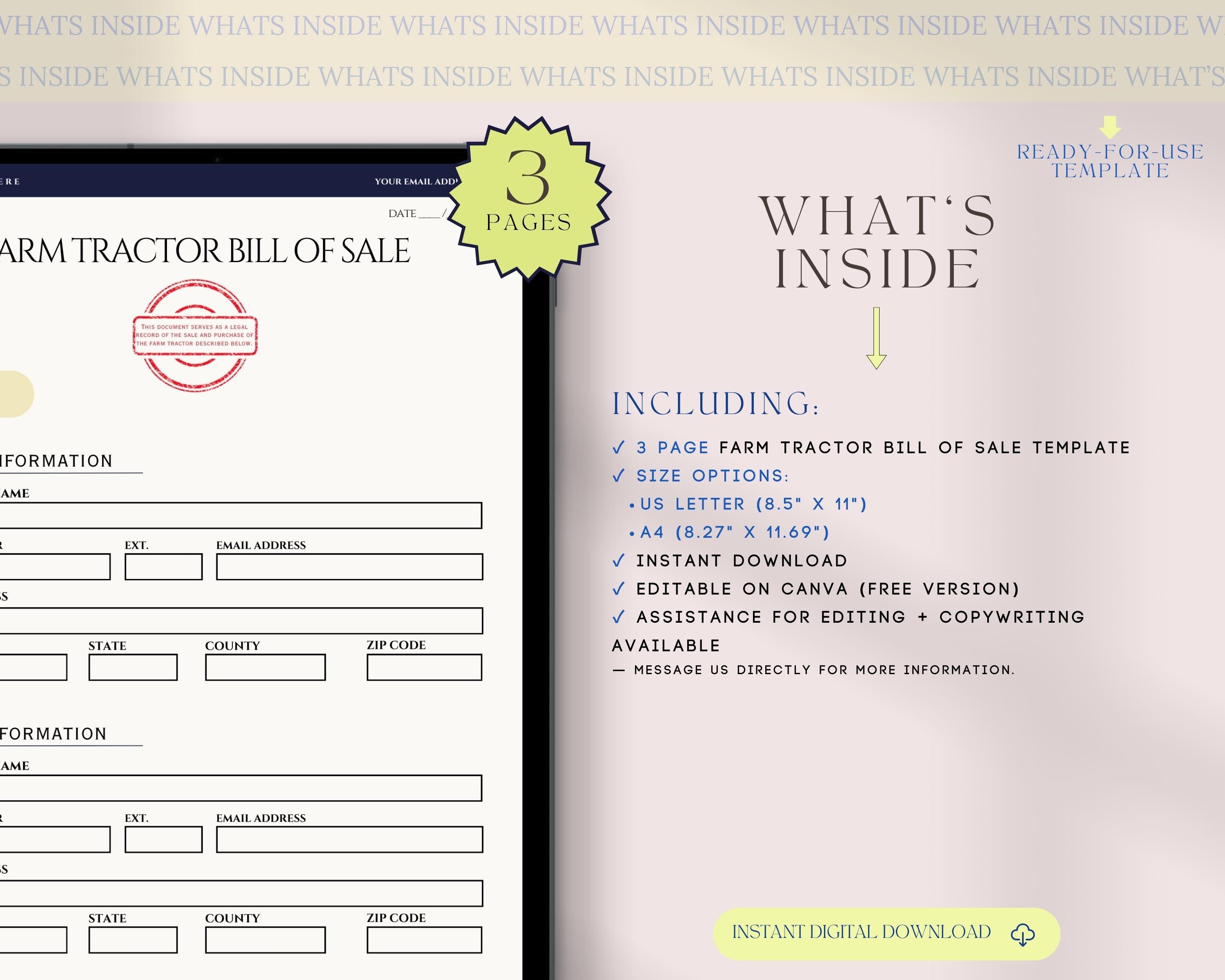 Editable Farm Tractor Bill of Sale Template, Editable Bill of Sale ...