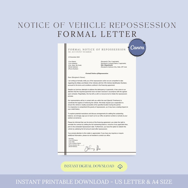 Repossession Letter - Etsy
