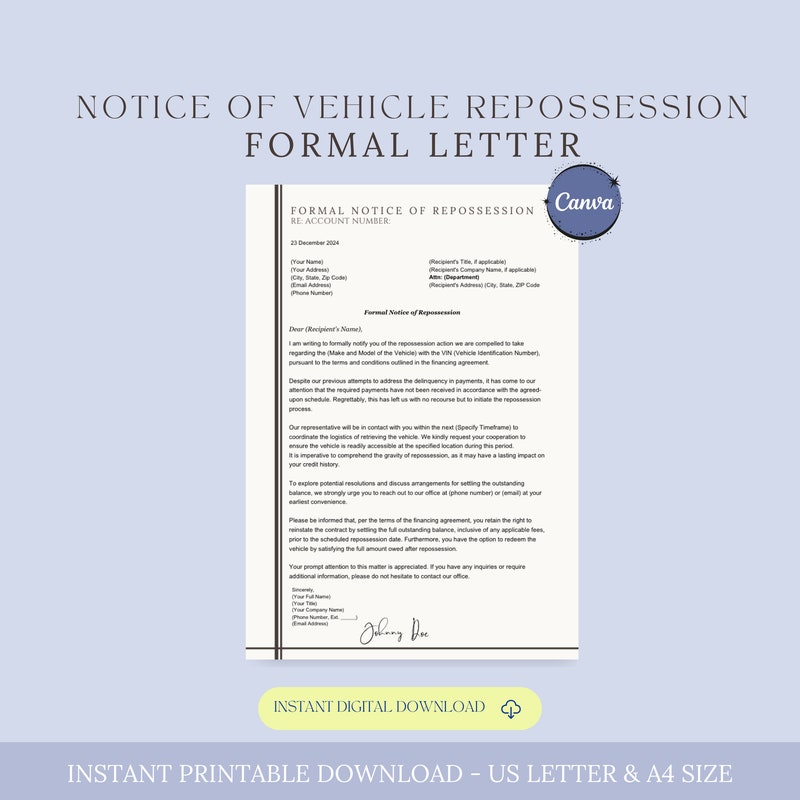 Repossession Letter - Etsy