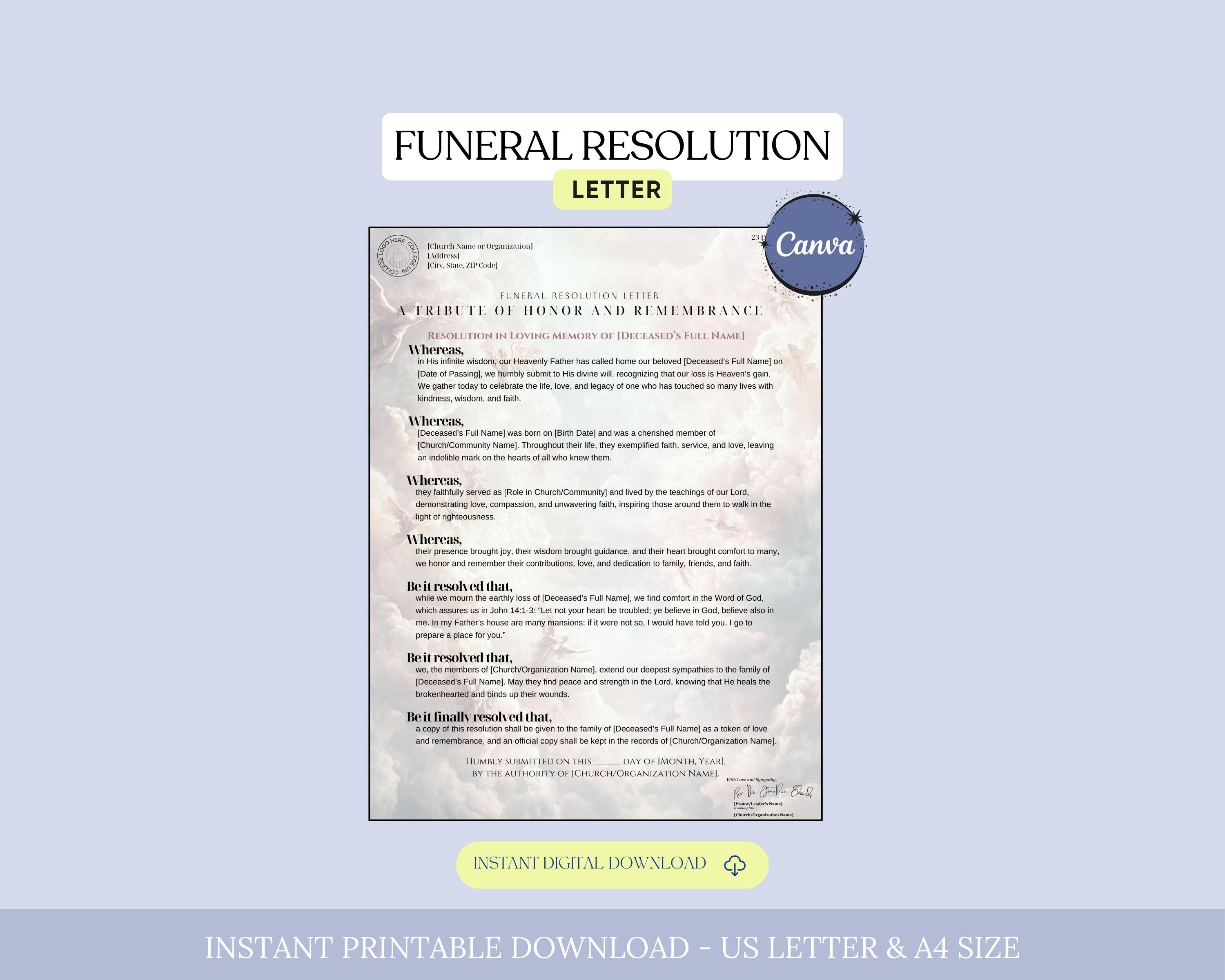 Funeral Resolution Letter: A Tribute of Honor and Remembrance, an ...