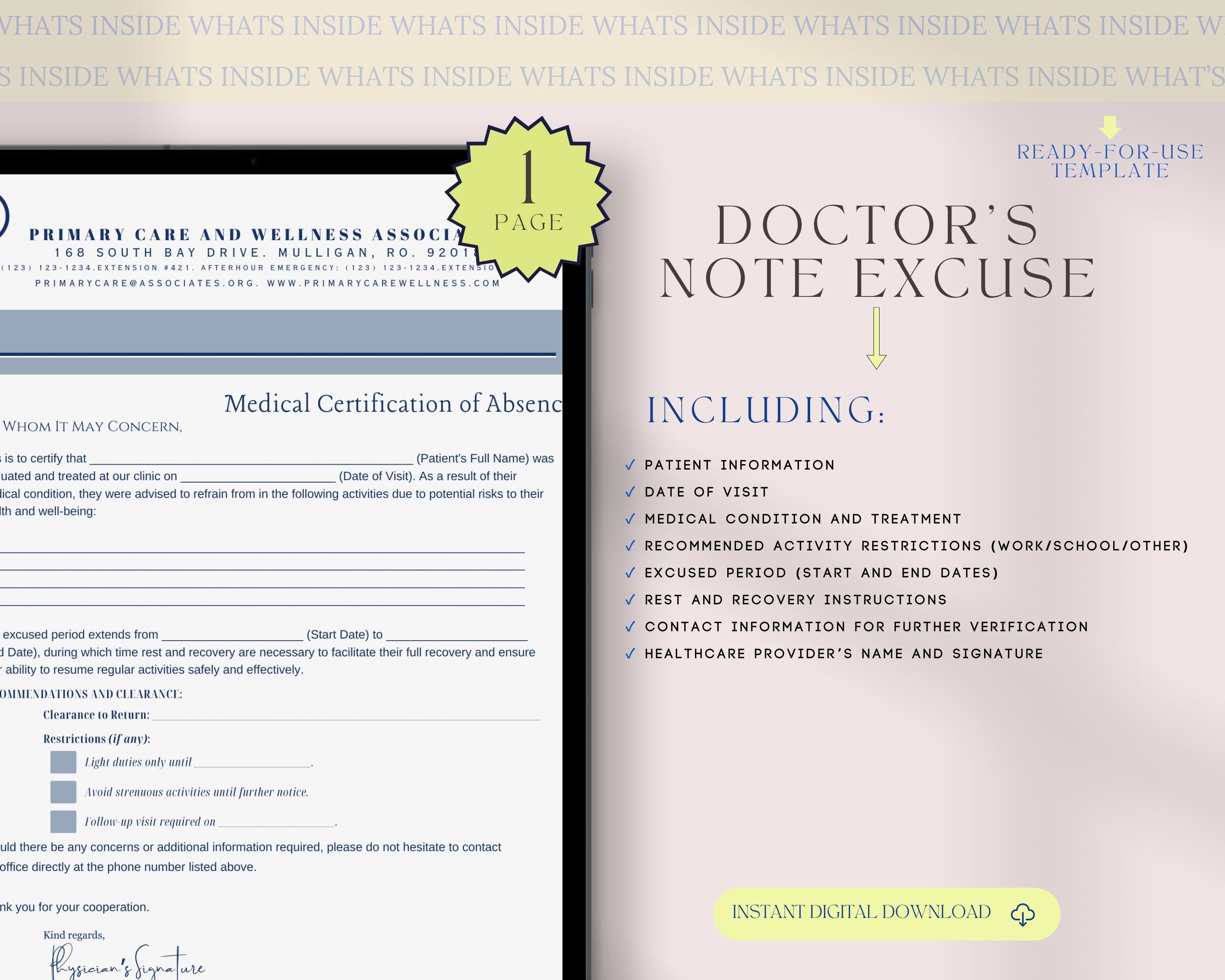 Doctor's Excuse Note Template,doctor's Excuse Letter,editable Doctor ...