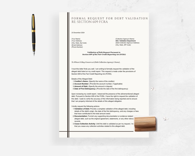 Formal Request for Debt Validation Section 609 FCRA Letter, 609 ...