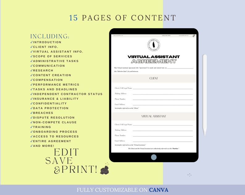 Virtual Assistant Contract Template, Virtual Assistant Service Agreement, Freelance Contract ...