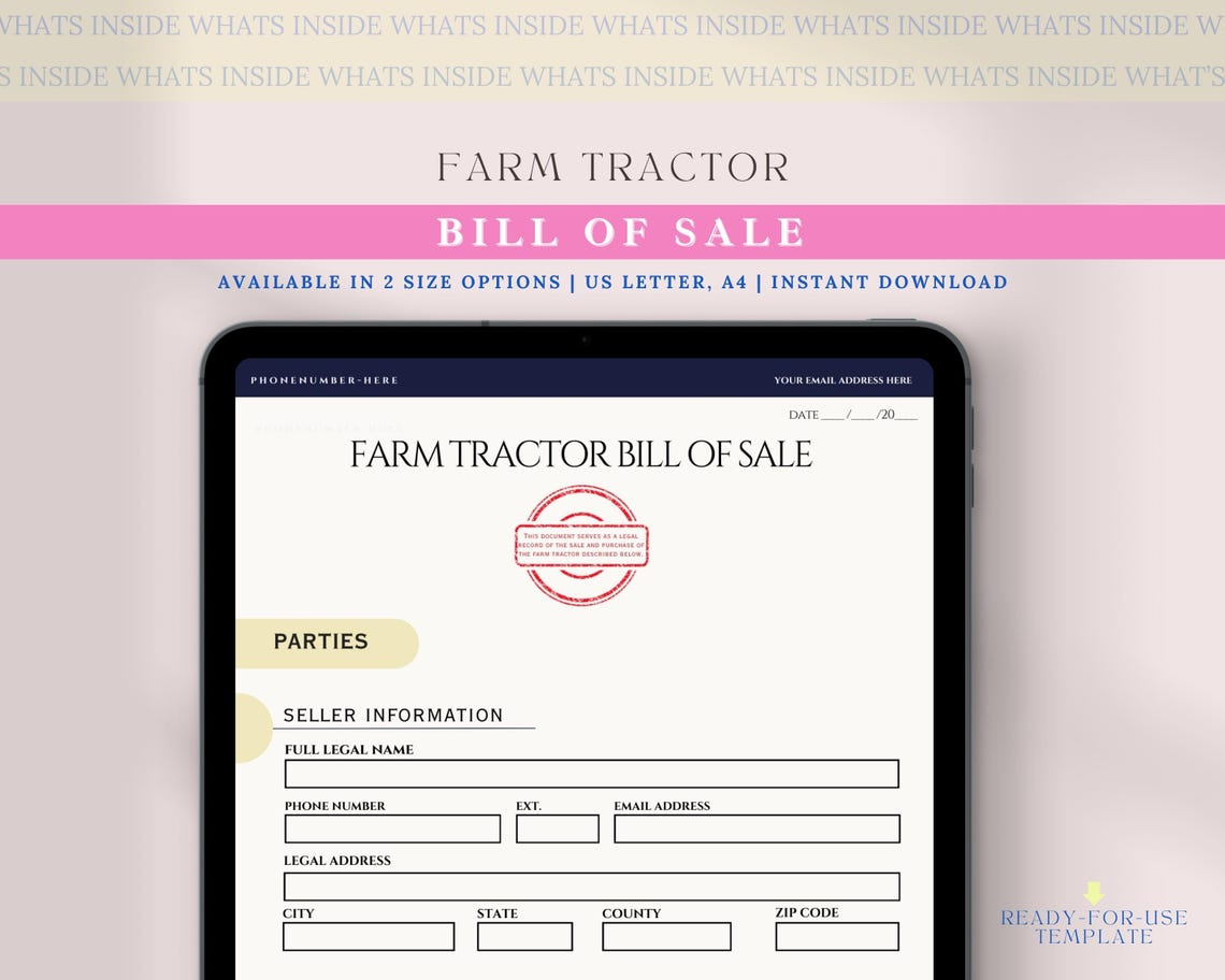 Editable Farm Tractor Bill of Sale Template, Editable Bill of Sale ...
