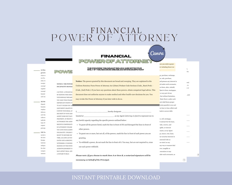 Financial Power of Attorney Template, POA Form, Financial Power of ...