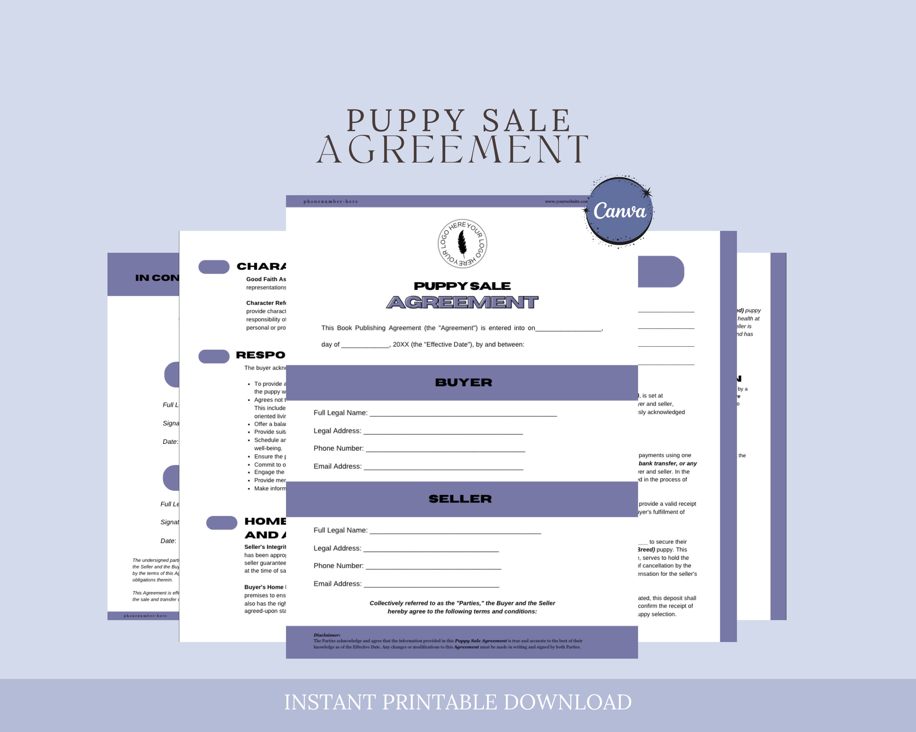 Puppy Sale Contract Agreement, Dog Breeder Form, Puppy Deposit Contract ...