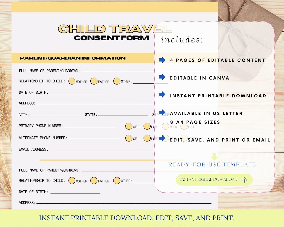 Editable Child Travel Consent Form, Minor Travel Consent Form, Child ...