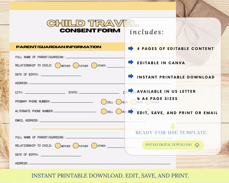 Editable Child Travel Consent Form, Minor Travel Consent Form, Child ...